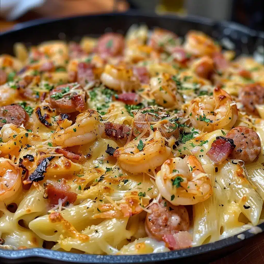 Cheesy Shrimp, Sausage & Bacon Pasta - Kenzie Recipes